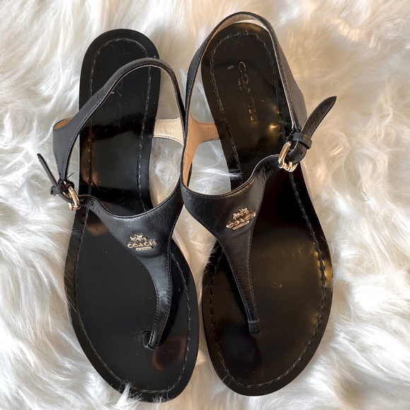 Coach | Shoes | Coach Vitalia Leather Thong Wedge Sandal Black Sz 8 ...